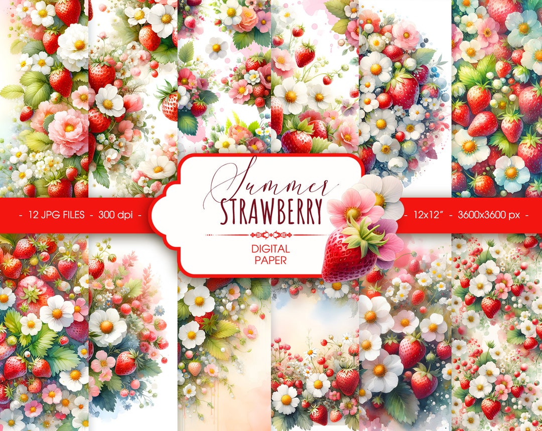 Strawberry Digital Paper, Summer Cottagecore Floral Watercolor ...