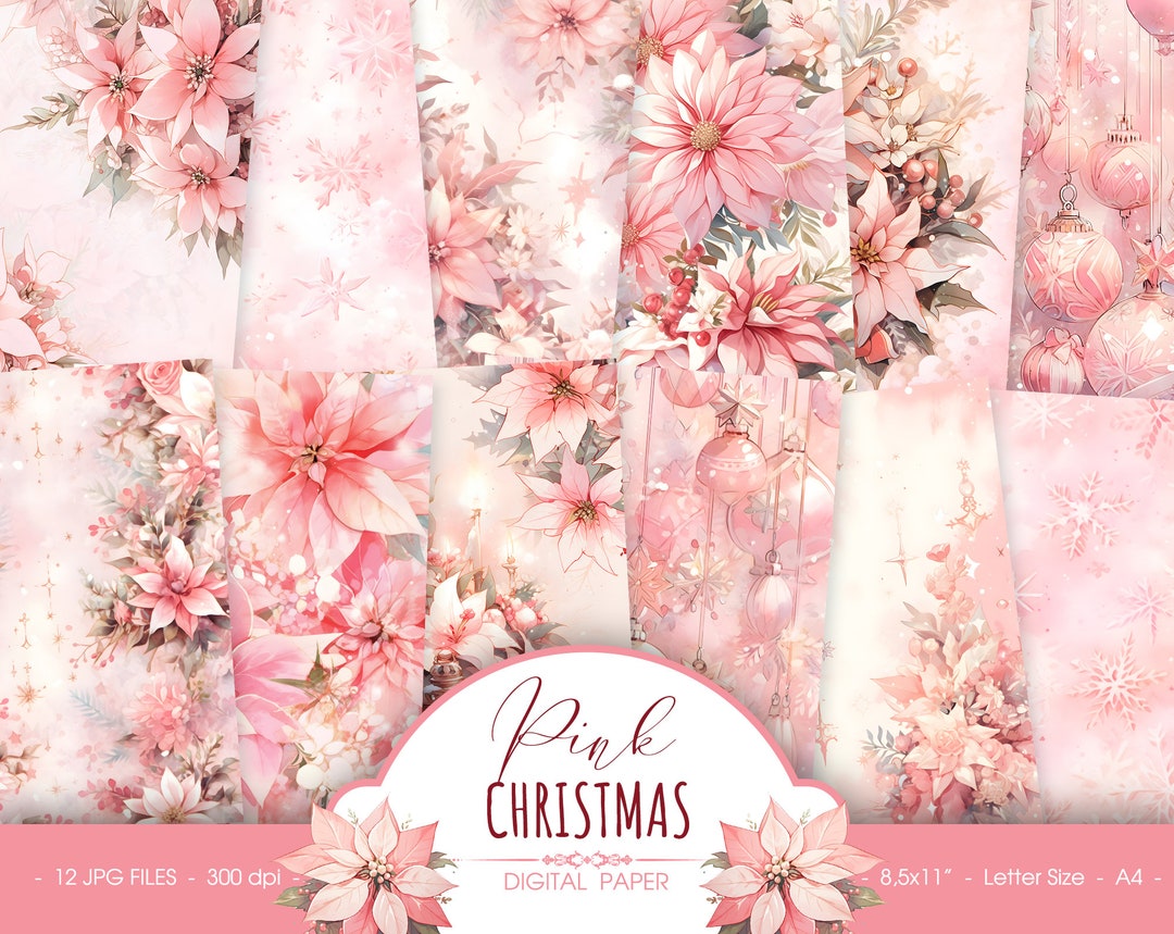 Pastel Pink Christmas Digital Paper, Winter Floral Scrapbook Paper and ...