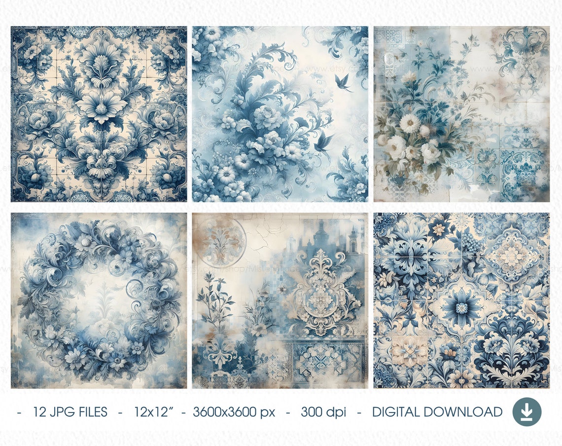 Vintage Blue Digital Paper, Shabby Chic Grunge Ornament Printable ...