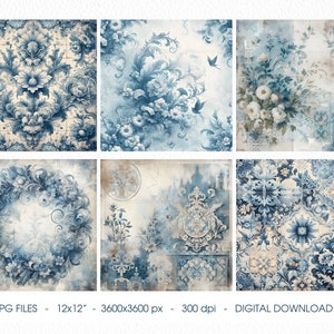 Vintage Blue Digital Paper, Shabby Chic Grunge Ornament Printable ...