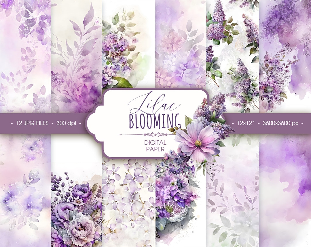 Lilac Floral Watercolor Digital Paper, Abstract Pastel Purple Scrapbook ...
