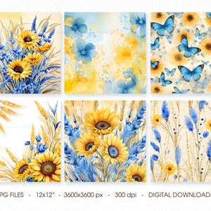 Sunflower Digital Paper, Yellow and Blue Floral Cottagecore Watercolor ...