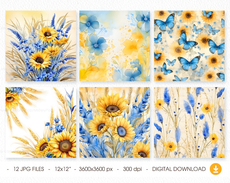 Sunflower Digital Paper, Yellow and Blue Floral Cottagecore Watercolor ...