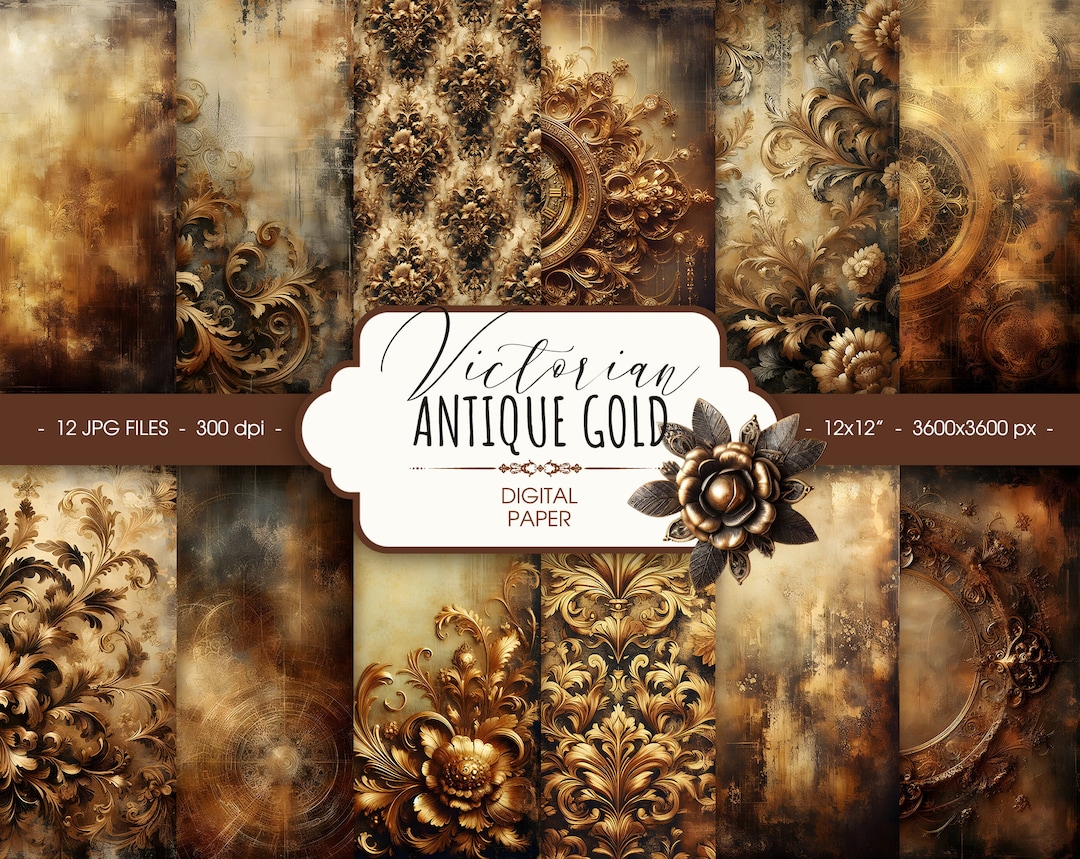 Antique Gold Victorian Digital Paper, Vintage Damask Shabby Chic ...