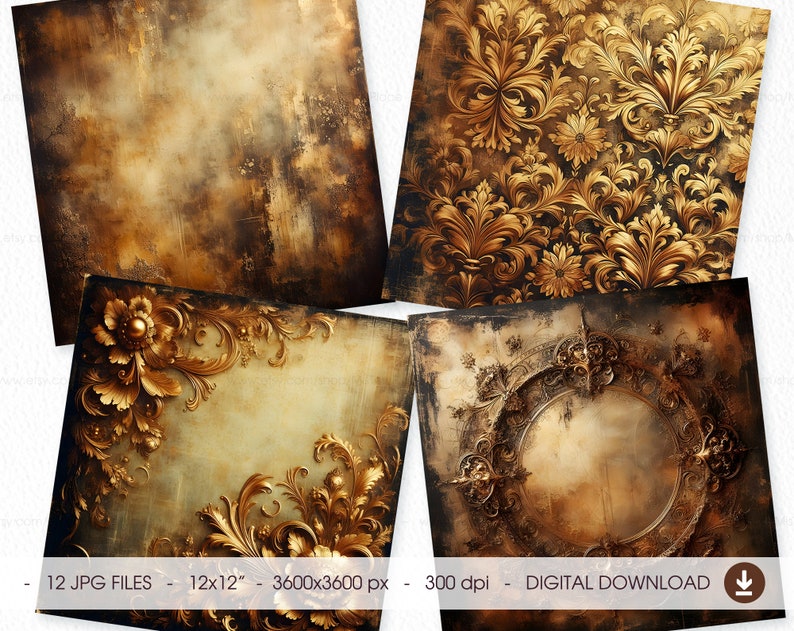 Antique Gold Victorian Digital Paper, Vintage Damask Shabby Chic ...