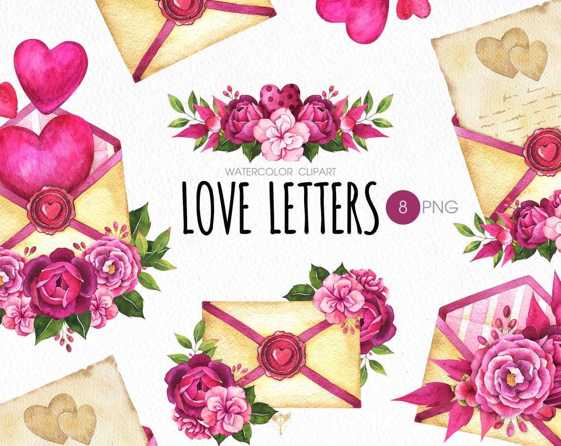 Love Letters PNG Clipart. Vintage Valentines Floral Clipart. | Etsy