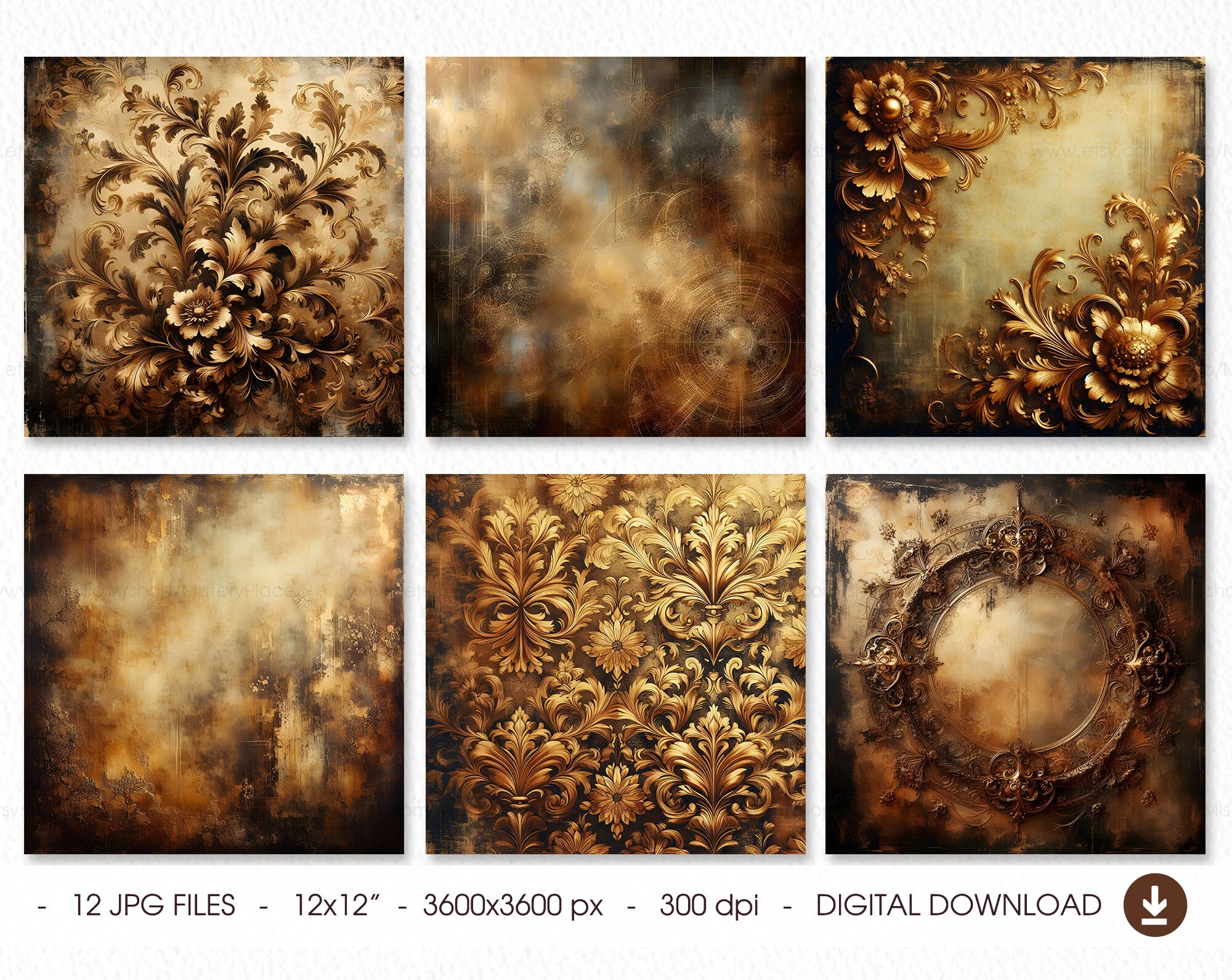 Antique Gold Victorian Digital Paper, Vintage Damask Shabby Chic ...