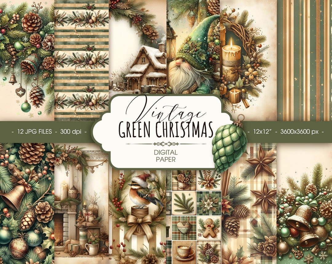 Vintage Green Christmas Digital Paper, Printable Magic Rustic Christmas ...