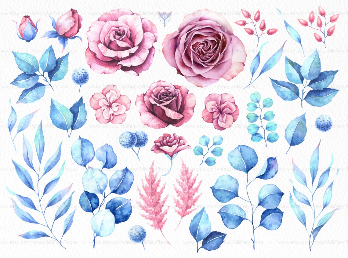 Pink and Blue Watercolor Floral PNG Clipart. Rose Flowers - Etsy