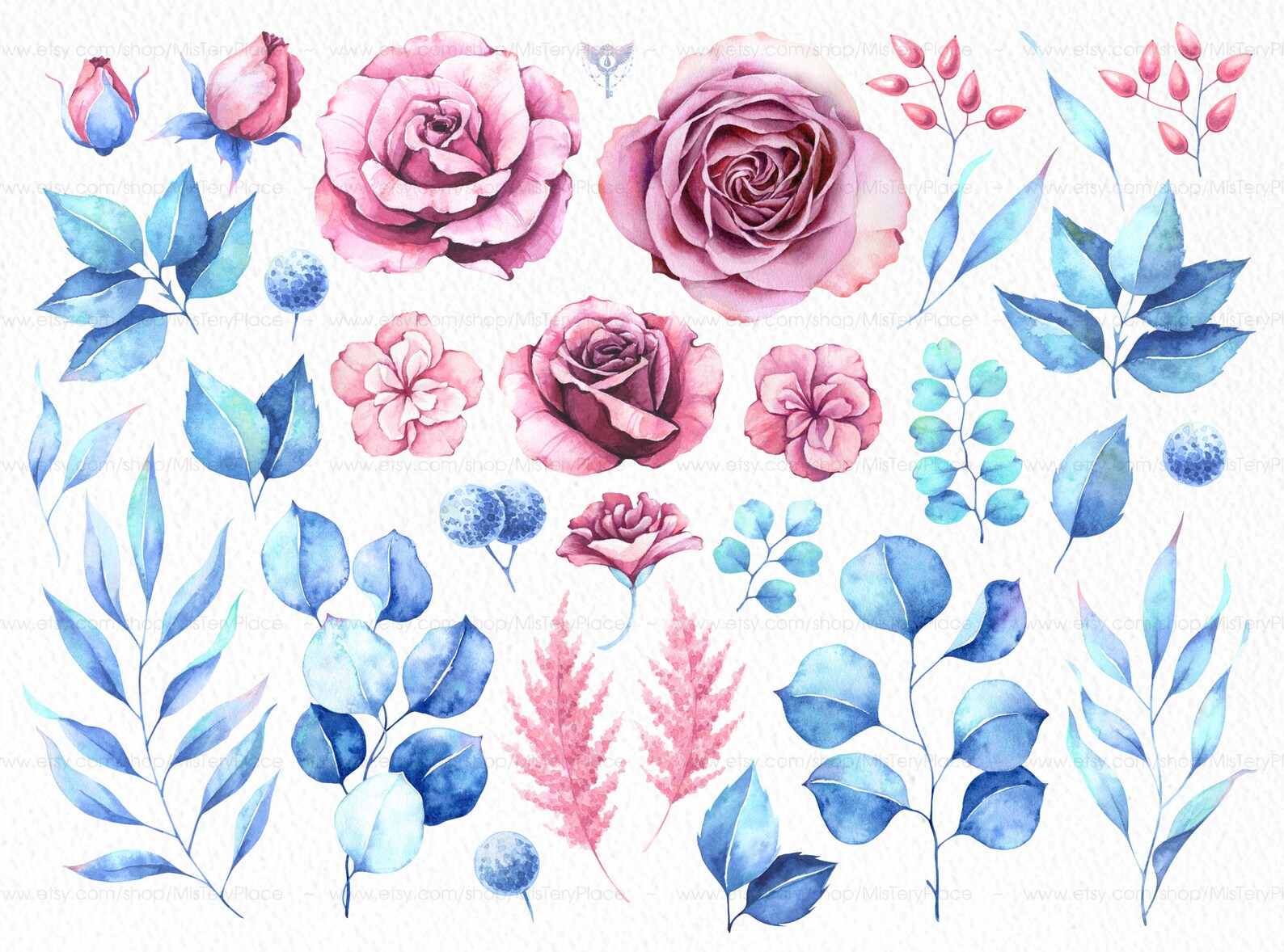 Pink and Blue Watercolor Floral PNG Clipart. Rose Flowers - Etsy
