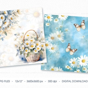 Daisy Floral Digital Paper, Abstract Watercolor Daisies Flowers ...