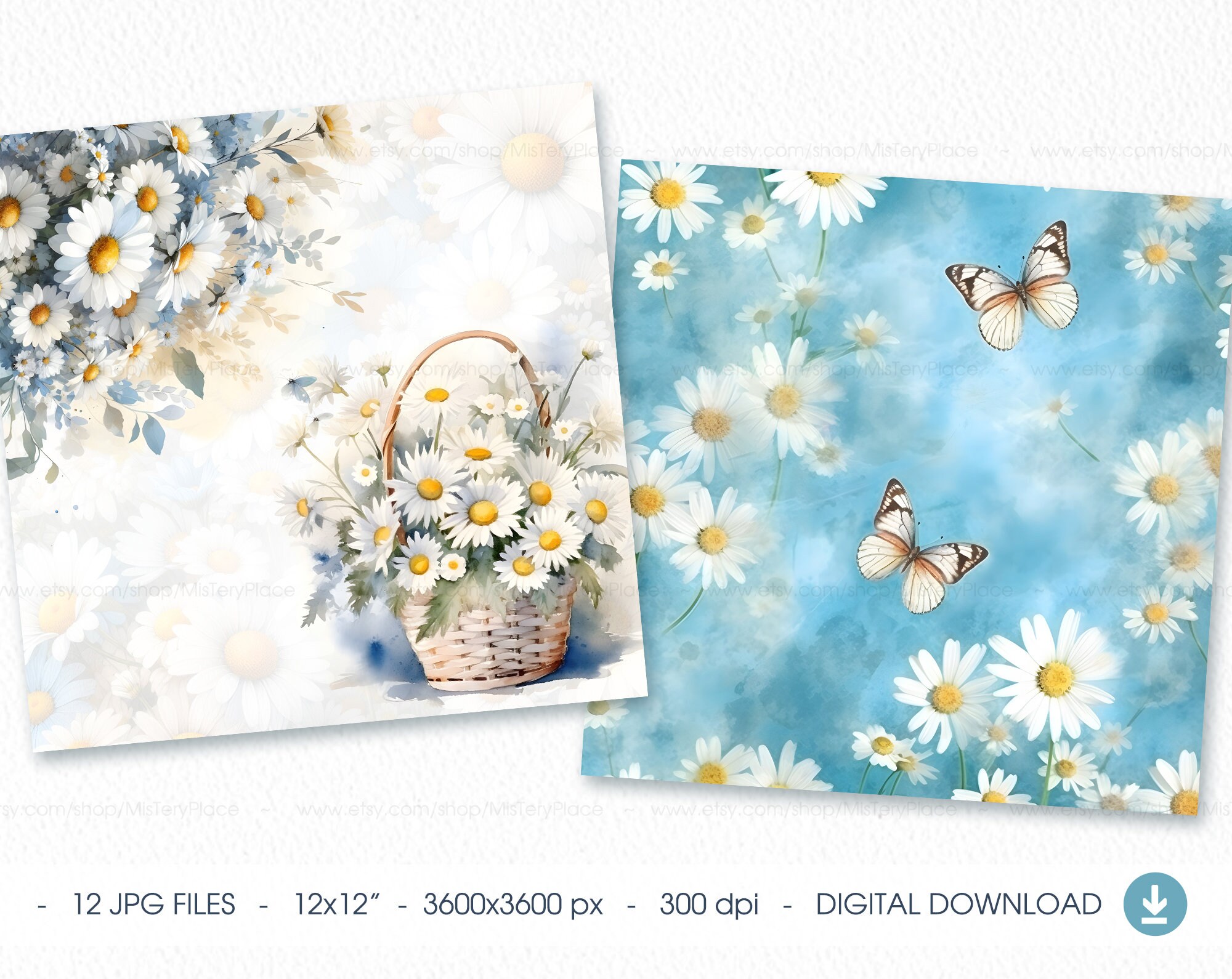 Daisy Floral Digital Paper, Abstract Watercolor Daisies Flowers ...
