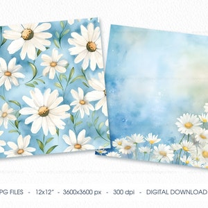 Daisy Floral Digital Paper, Abstract Watercolor Daisies Flowers ...