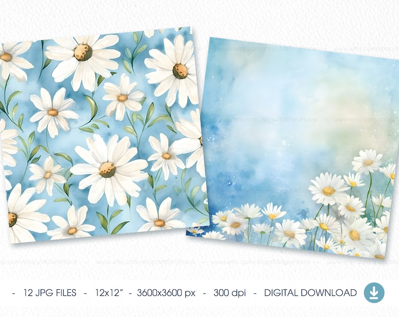 Daisy Floral Digital Paper, Abstract Watercolor Daisies Flowers ...