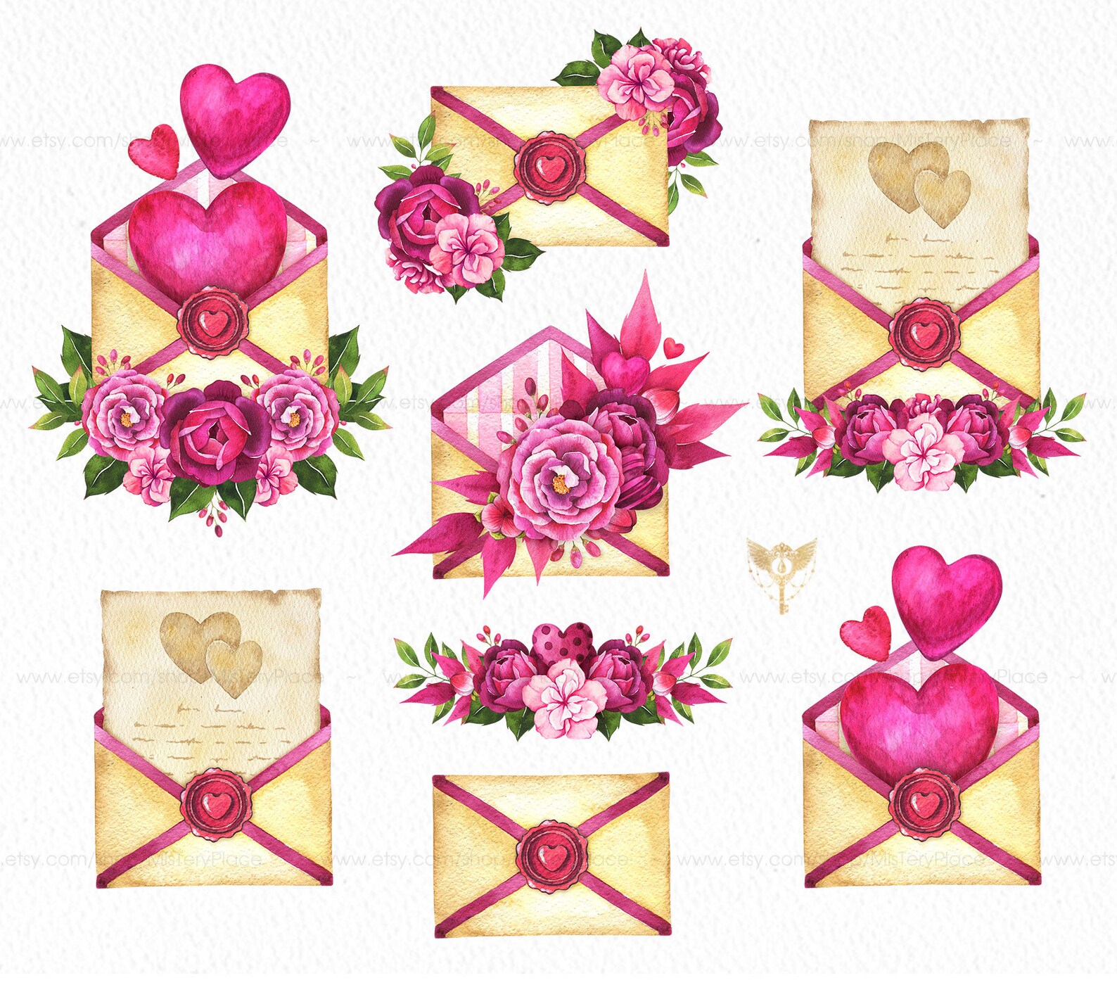 Love Letters PNG Clipart. Vintage Valentines Floral Clipart. Watercolor ...