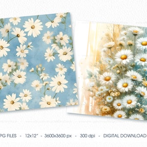 Daisy Floral Digital Paper, Abstract Watercolor Daisies Flowers ...