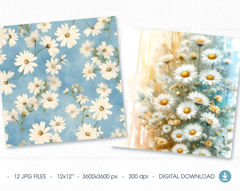 Daisy Floral Digital Paper, Abstract Watercolor Daisies Flowers ...