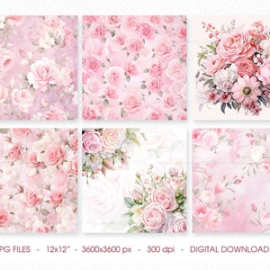Pastel Pink Floral Digital Paper, Blush Rose Watercolor Scrapbook Paper ...