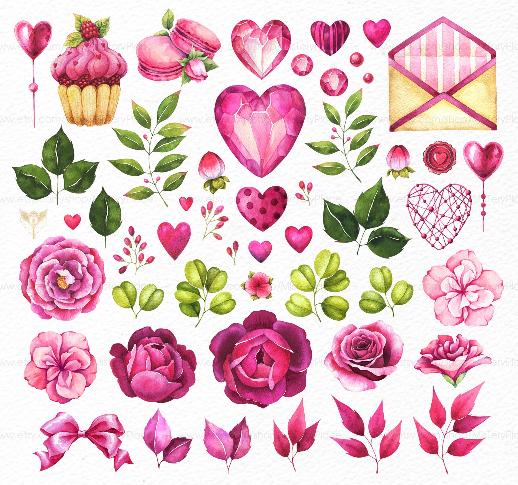 Valentines PNG Clipart. Watercolor Love Clipart Pink Hearts - Etsy