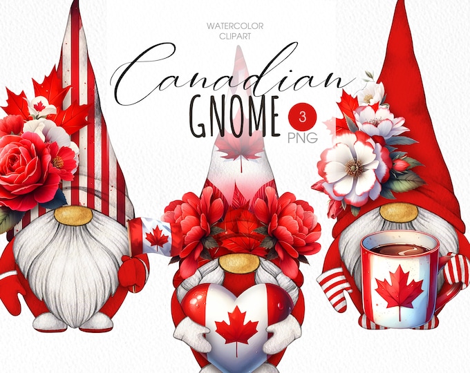 Canadian Flag Gnomes, Hand Drawn Watercolour Canada Gnome Clipart ...