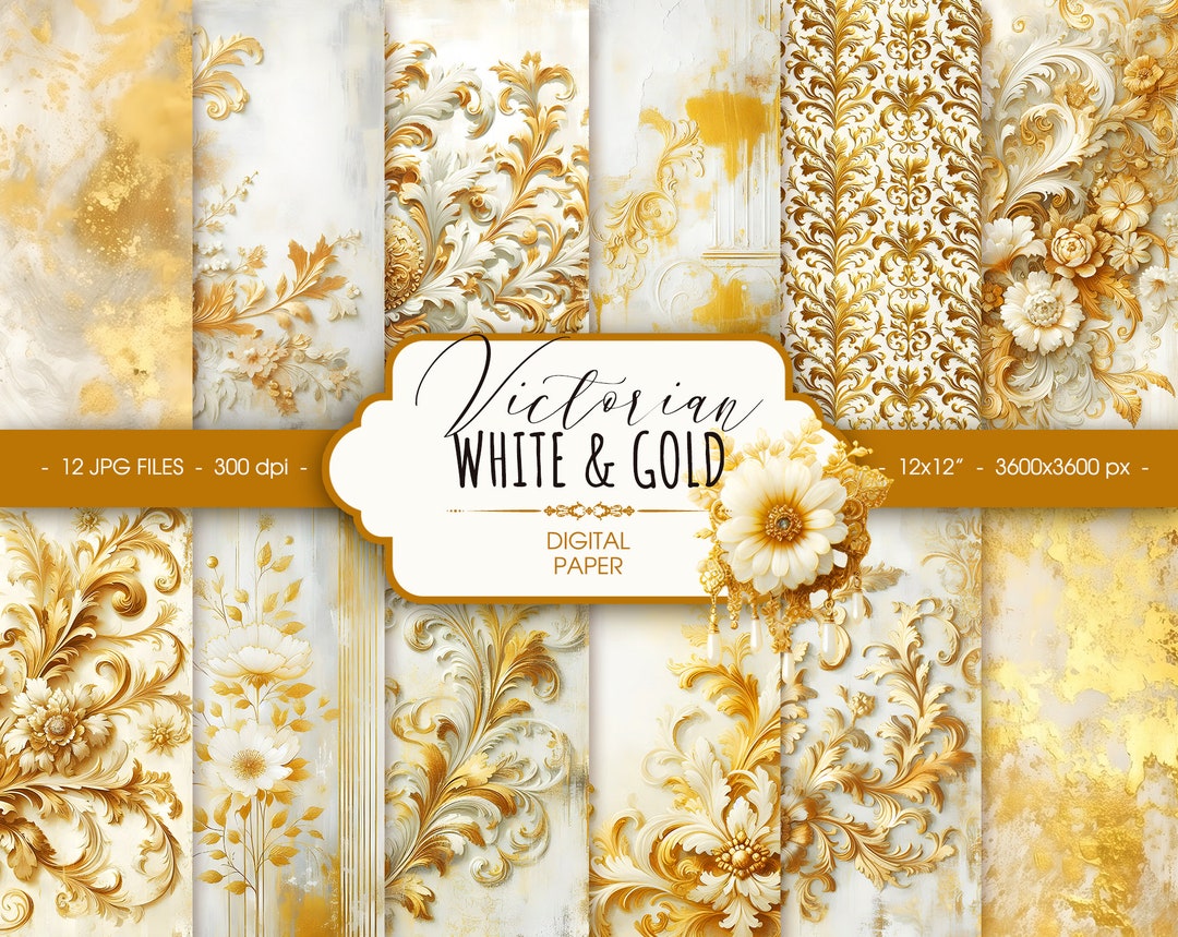 Victorian Gold Digital Paper, Shabby Chic Gold and White Damask ...