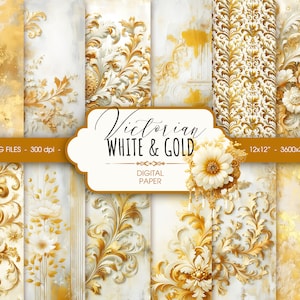 Victorian Gold Digital Paper, Shabby Chic Gold and White Damask ...
