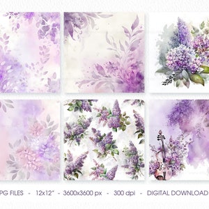 Lilac Floral Watercolor Digital Paper, Abstract Pastel Purple Scrapbook ...