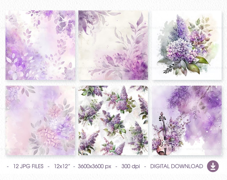 Lilac Floral Watercolor Digital Paper, Abstract Pastel Purple Scrapbook ...