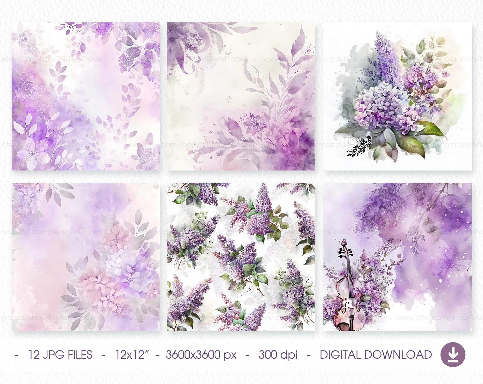 Lilac Floral Watercolor Digital Paper, Abstract Pastel Purple Scrapbook ...