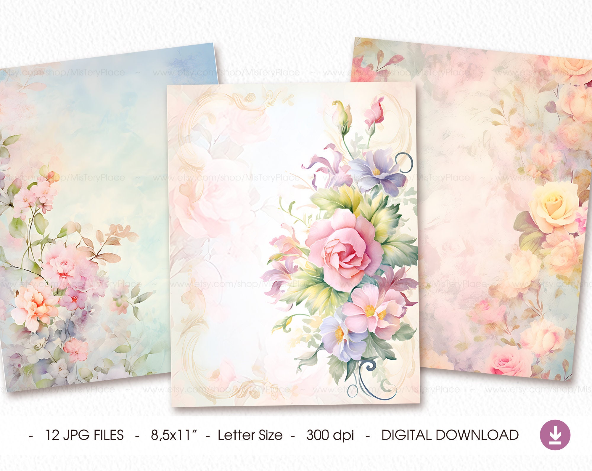 Rainbow Floral Watercolor Scrapbook Paper, Colorful Abstract Flowers ...