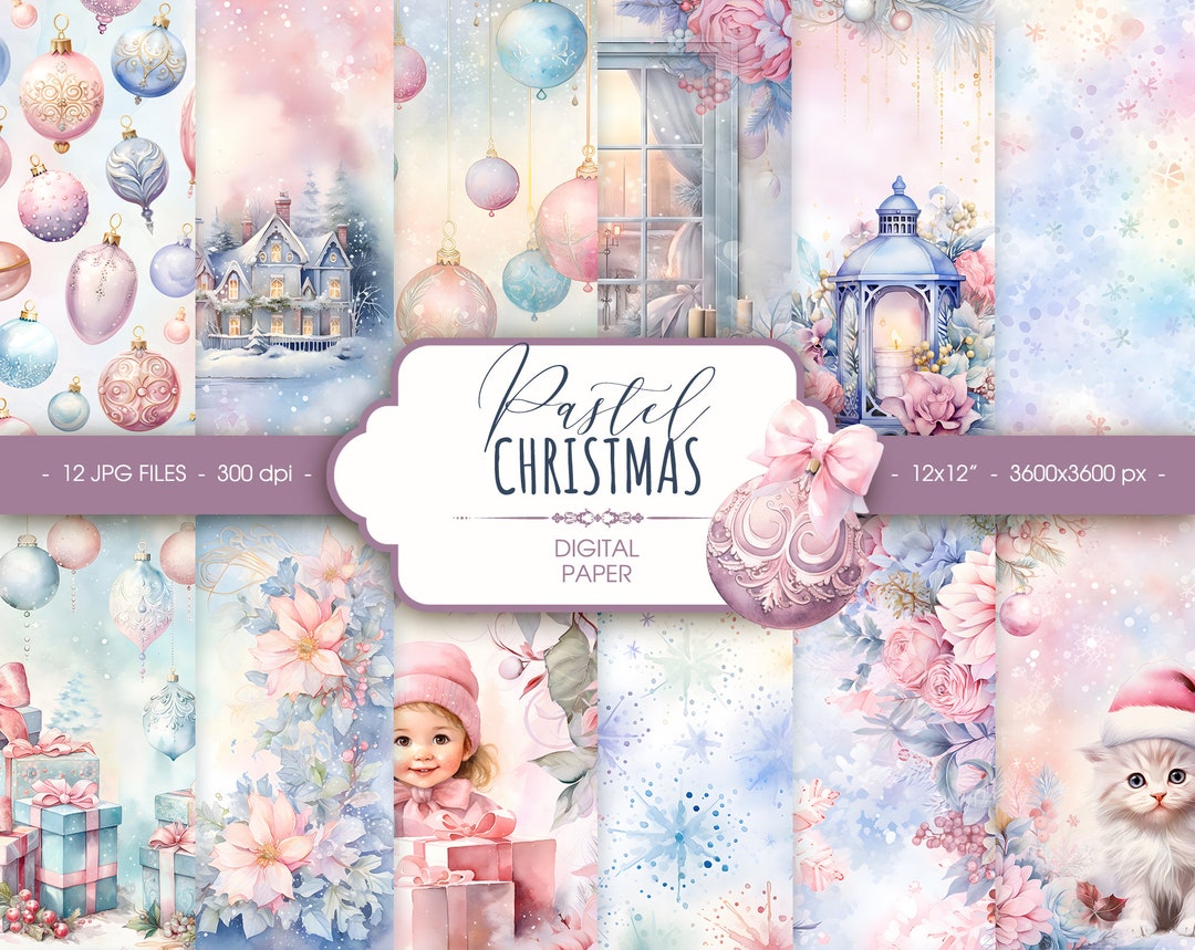Pastel Christmas Digital Paper, Watercolor Colorful Christmas Scrapbook ...