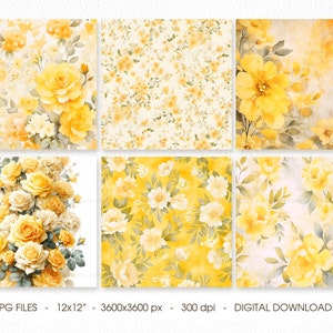 Yellow Floral Digital Paper, Yellow Rose Flowers Watercolor Scrapbook ...