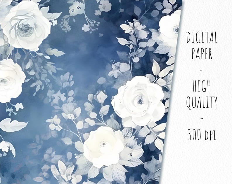 Navy Blue Floral Digital Paper: Watercolor Scrapbook Backgrounds (12x12 ...