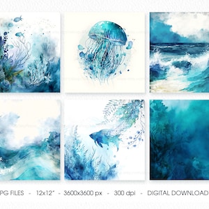 Sea Watercolor Digital Paper, Abstract Blue Underwater Scrapbook Paper ...