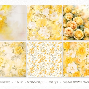 Yellow Floral Digital Paper, Yellow Rose Flowers Watercolor Scrapbook ...