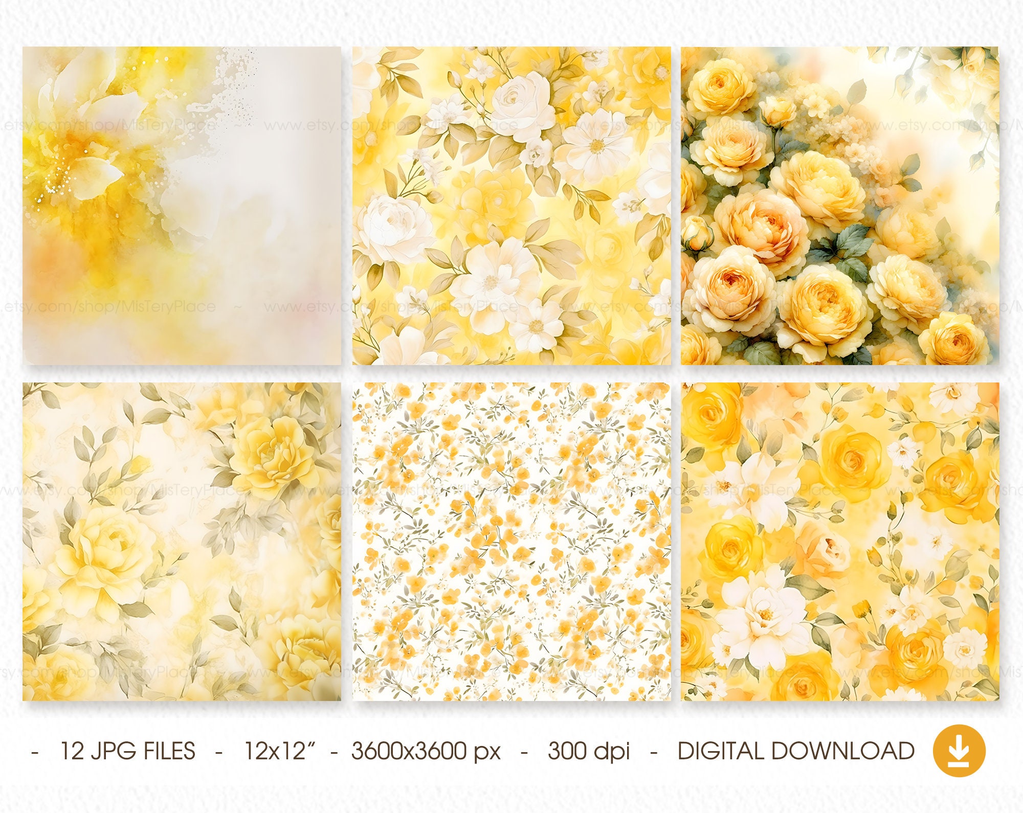 Yellow Floral Digital Paper, Yellow Rose Flowers Watercolor Scrapbook ...