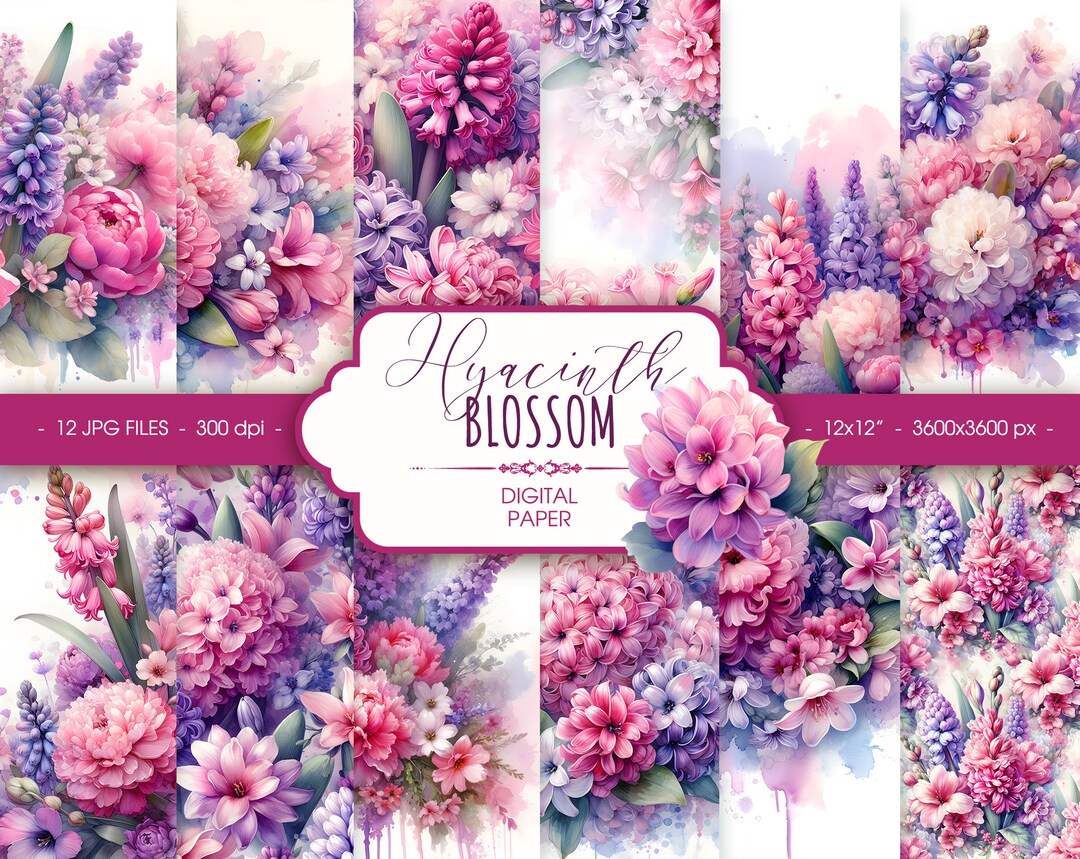 Spring Pink Purple Floral Digital Paper, Hyacinth Watercolor Scrapbook ...