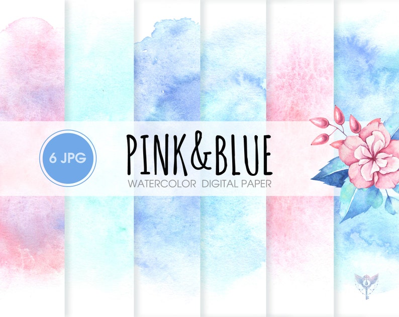 Blue and Pink Watercolor Digital Paper, Abstract Watercolor Stain ...
