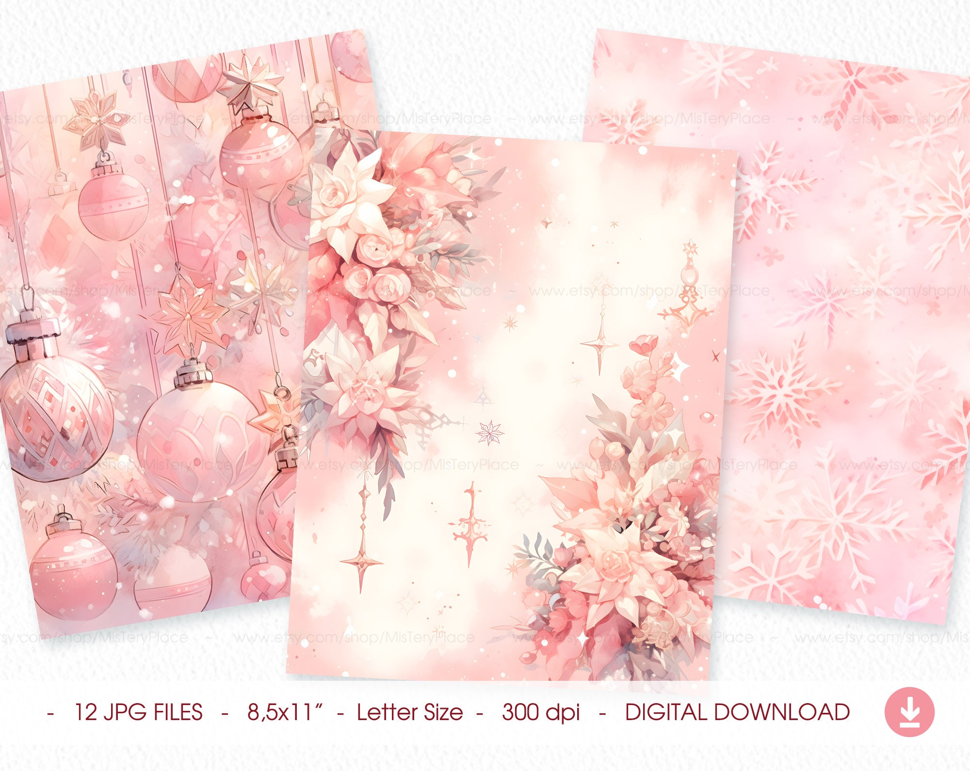 Pastel Pink Christmas Digital Paper, Winter Floral Scrapbook Paper and ...