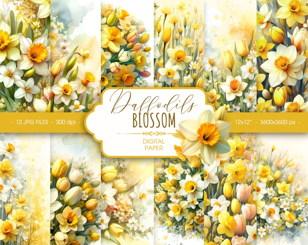 Spring Yellow Floral Digital Paper, Daffodils Watercolor Scrapbook ...