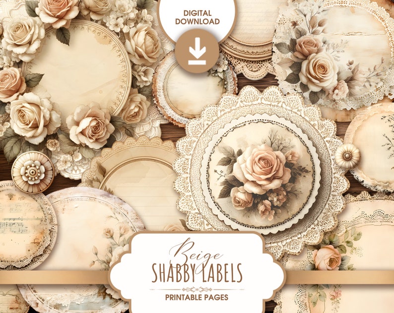 Beige Shabby Chic Round Tags, Vintage Printable DIY Boho Circle Labels ...