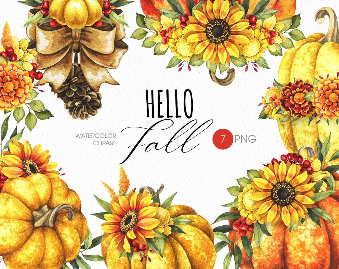 Fall Pumpkin PNG Clipart. Hand Painted Pumpkins and Flowers Fall Decor ...