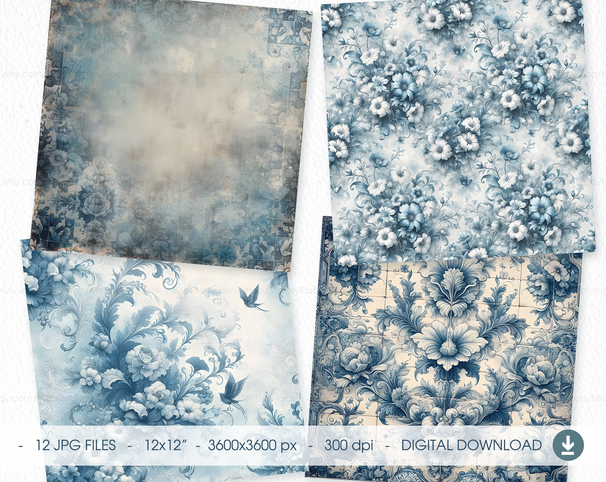 Vintage Blue Digital Paper, Shabby Chic Grunge Ornament Printable ...
