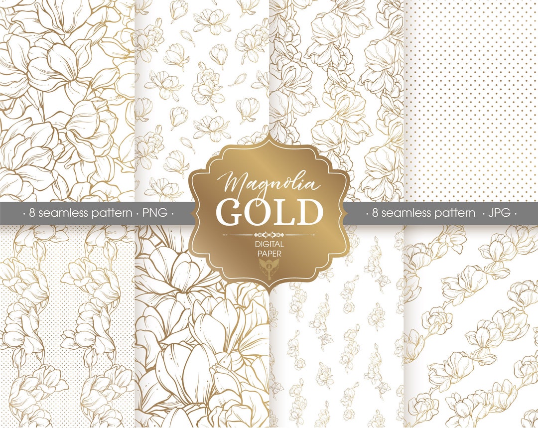 Gold Floral Digital Paper Pack. Line Art Magnolia Seamless Pattern PNG ...