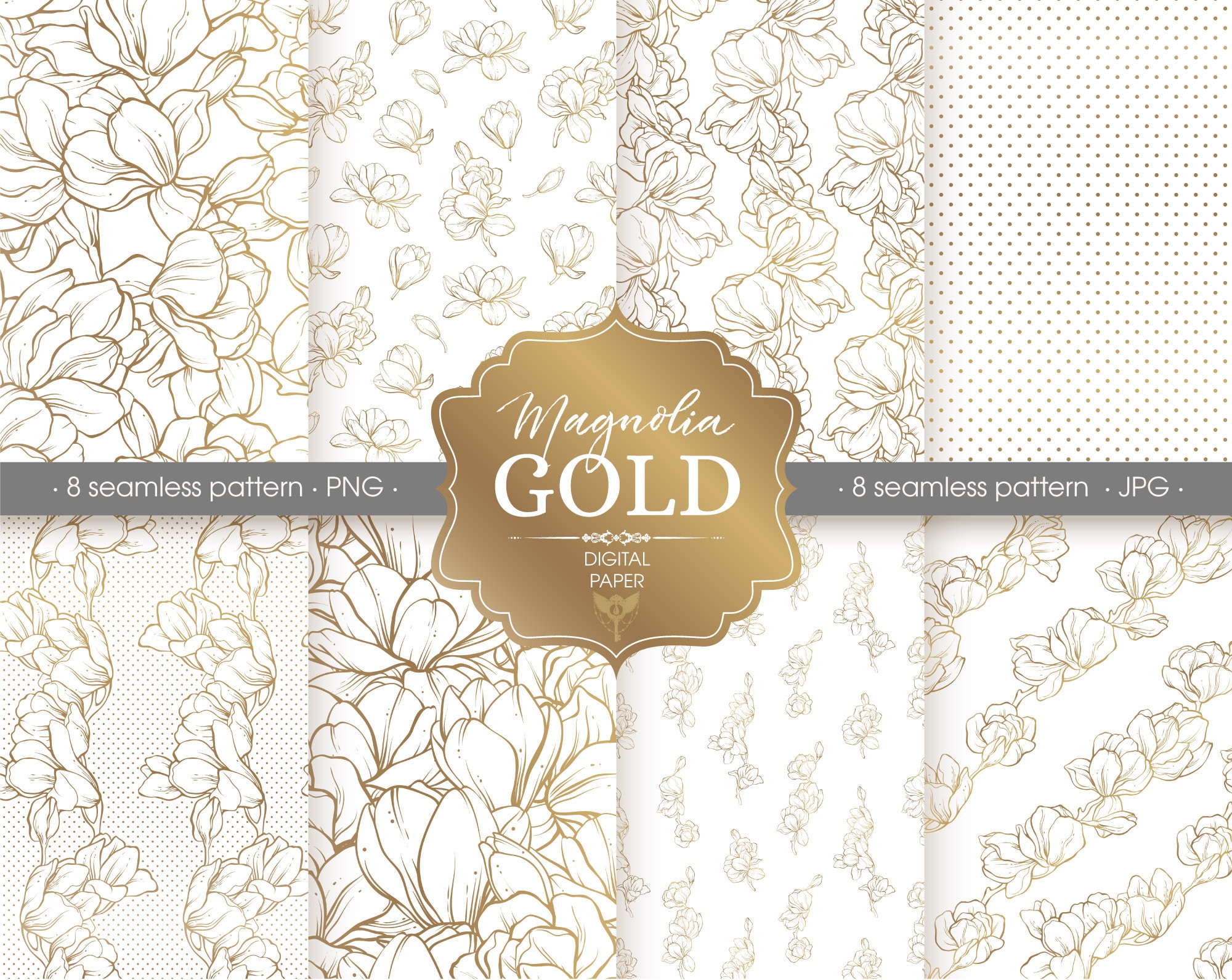 Gold Floral Digital Paper Pack. Line Art Magnolia Seamless - Etsy