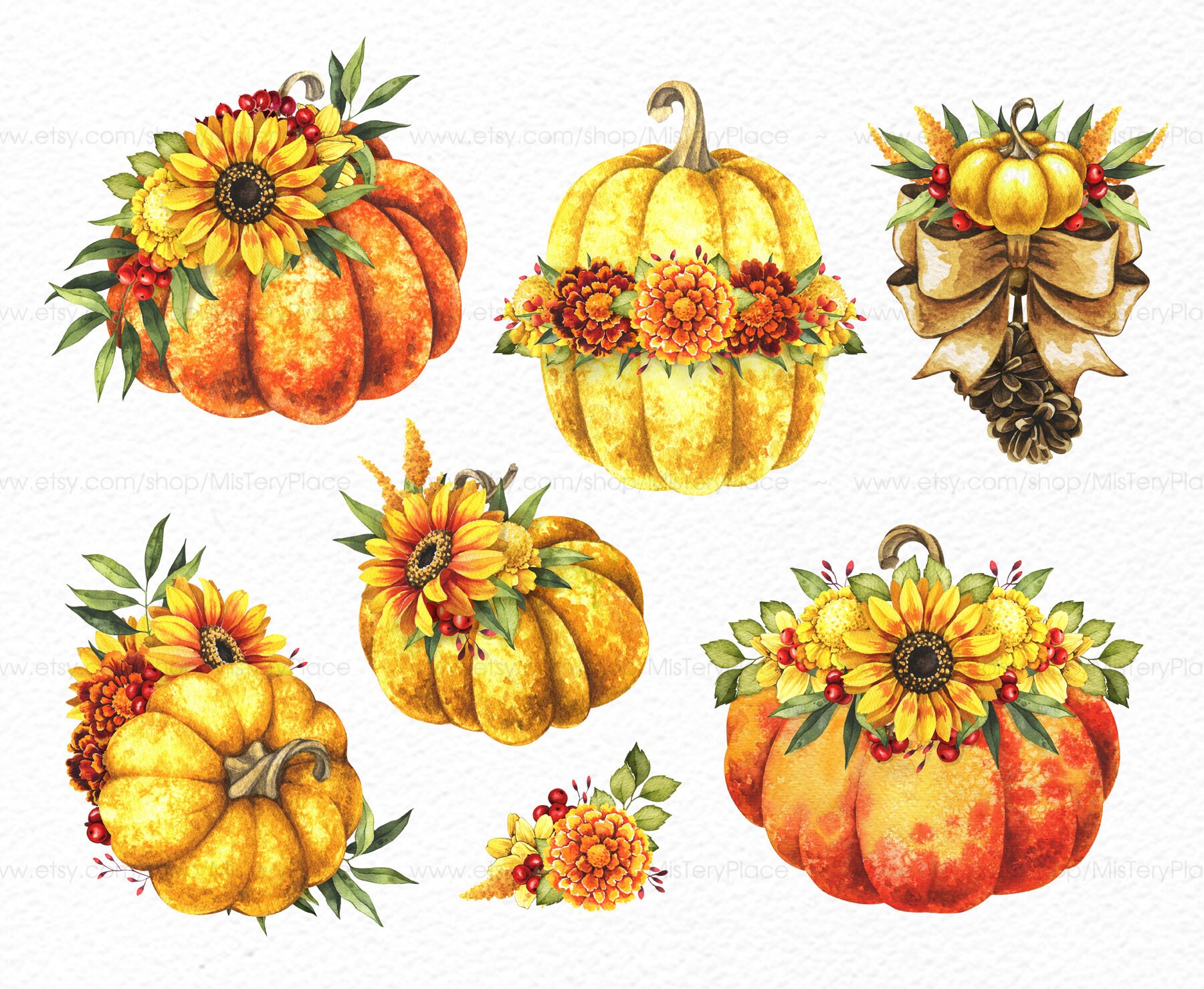 Fall Pumpkin PNG Clipart. Hand Painted Pumpkins and Flowers - Etsy