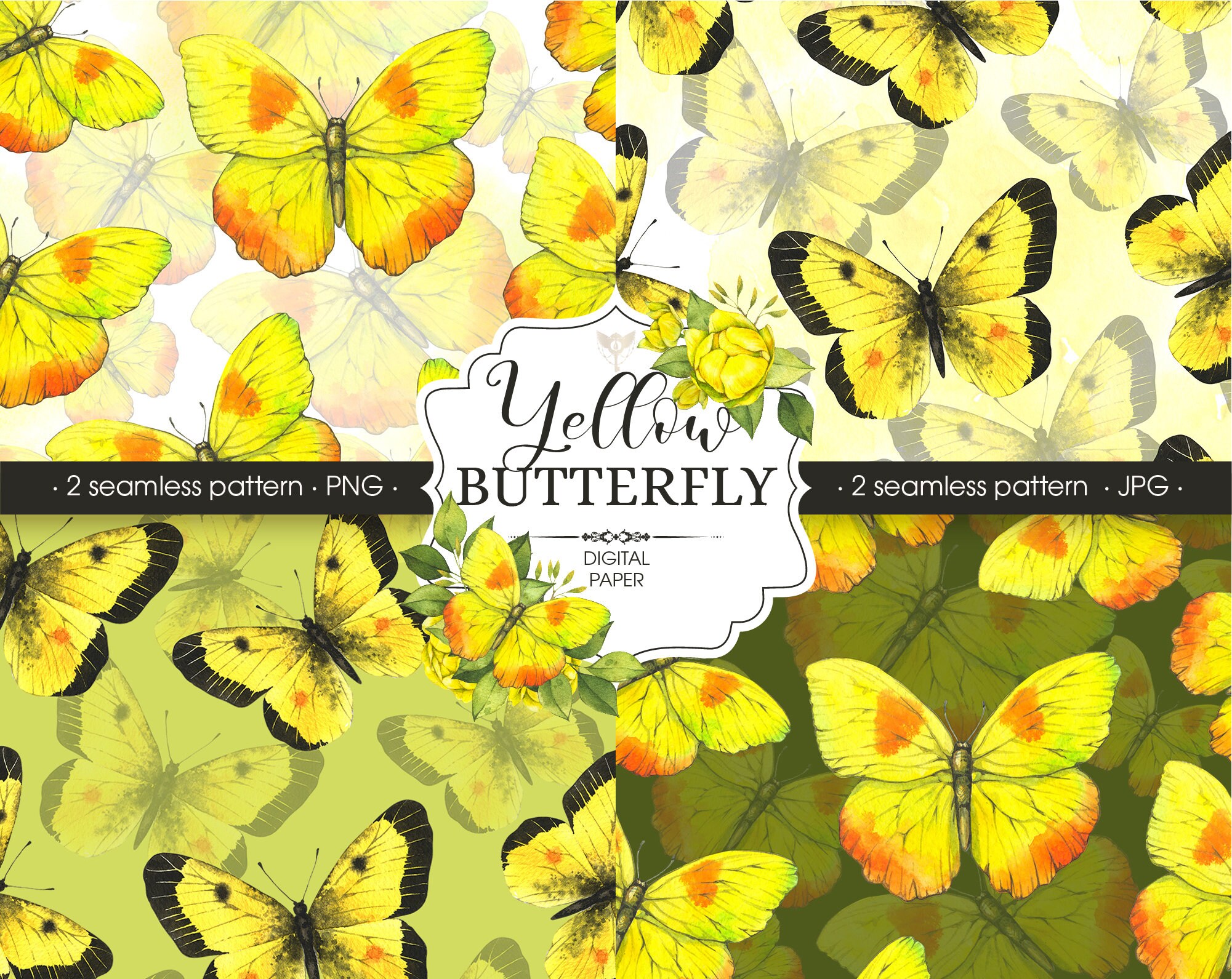 Yellow Butterfly Digital Paper. Watercolor Butterfly Seamless - Etsy