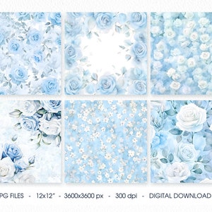 Pastel Blue Floral Digital Paper, Blue Rose Watercolor Scrapbook Paper ...