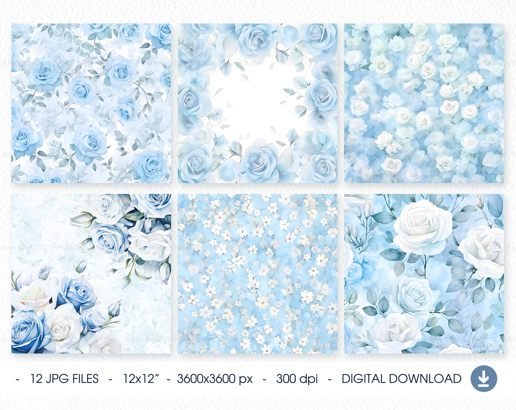 Pastel Blue Floral Digital Paper, Blue Rose Watercolor Scrapbook Paper ...
