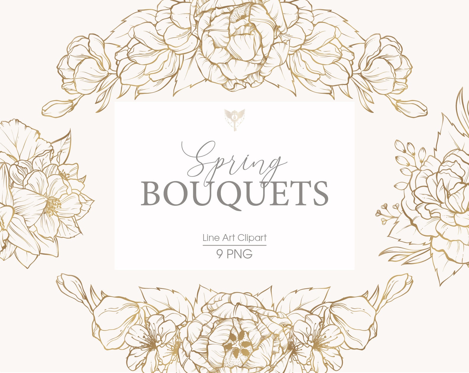 Gold Spring Flower Border Clipart. Flower Bouquet Line Art PNG - Etsy